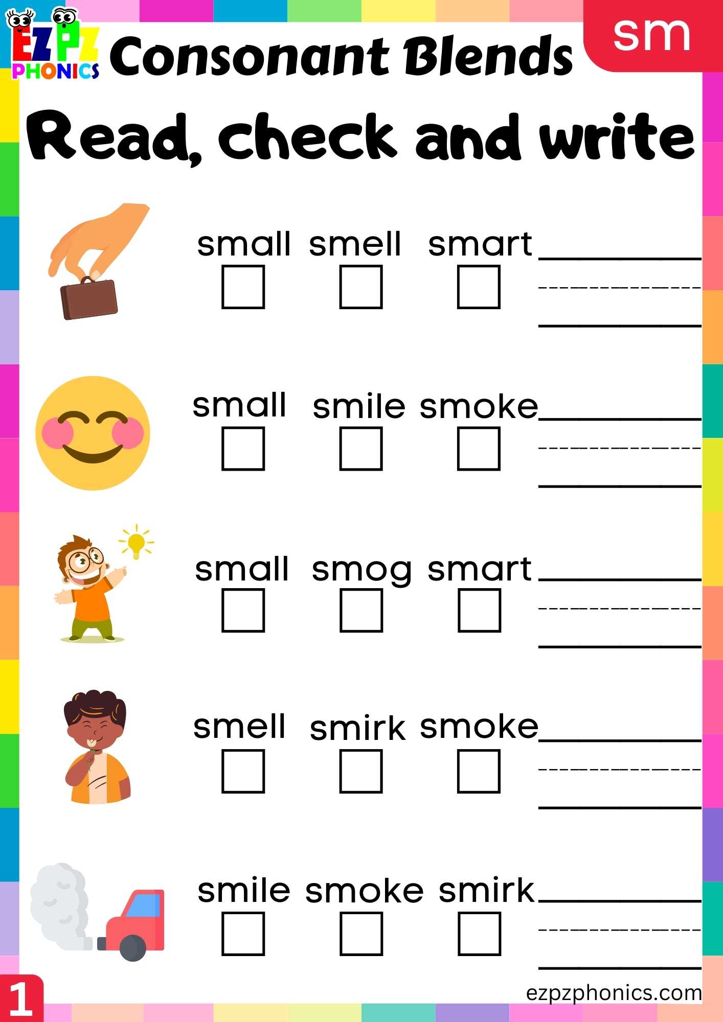 Group1 Sm Words Read Check And Write Phonics Consonant Blends